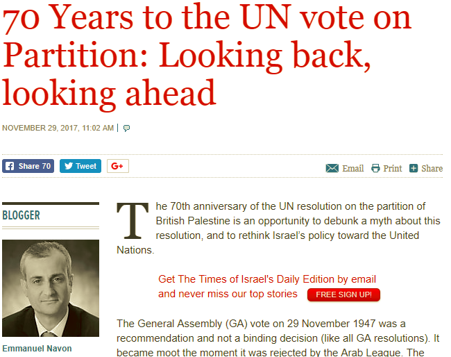 70 Years to the UN Vote on Partition (Times of Israel) - Emmanuel Navon